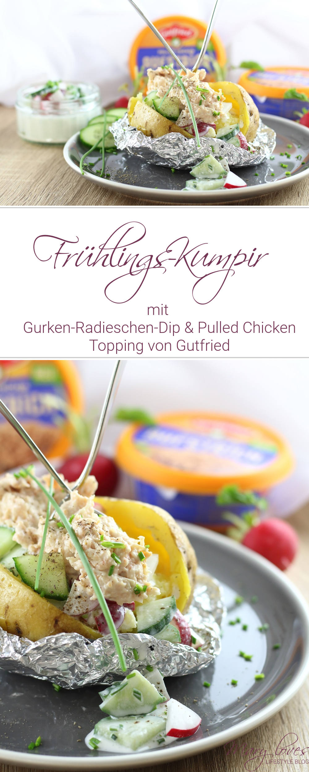 Kumpir mit Gurken-Radieschen-Dip & Pulled Chicken Topping von Gutfried